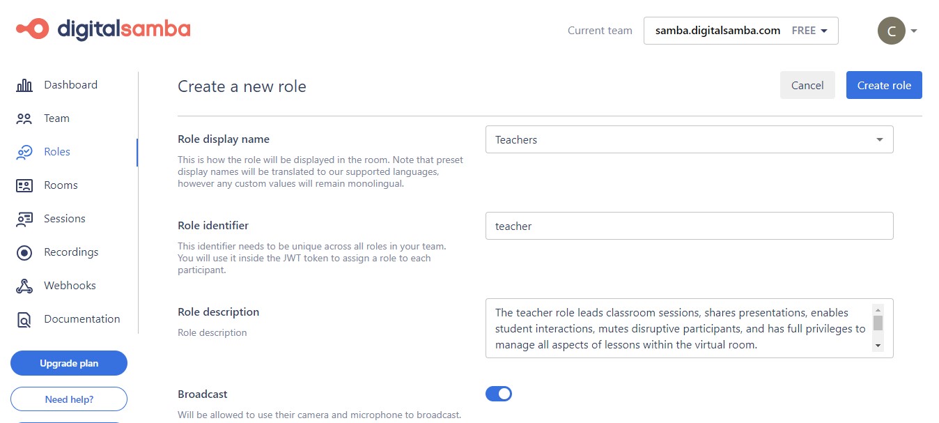 How to use custom roles in Digital Samba Dashboard